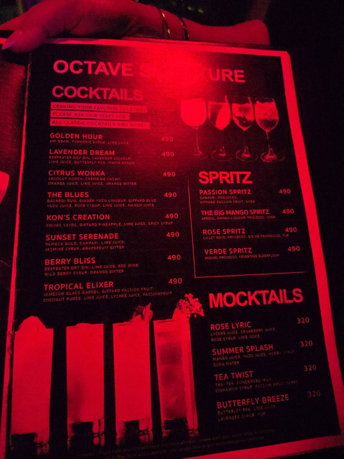 Menu at Octave Rooftop Lounge & Bar, Bangkok