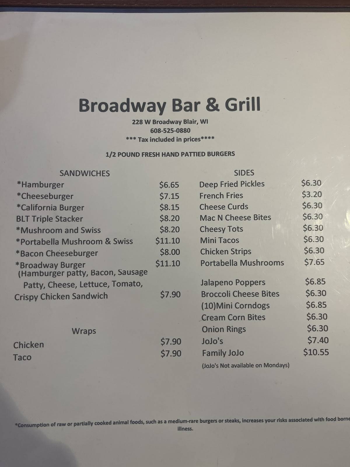 Menu at Off Broadway Bar & Grill, Blair
