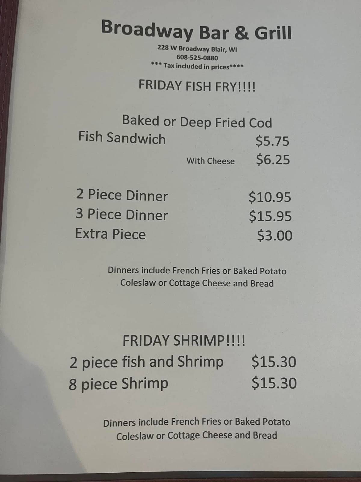 Menu at Off Broadway Bar & Grill, Blair