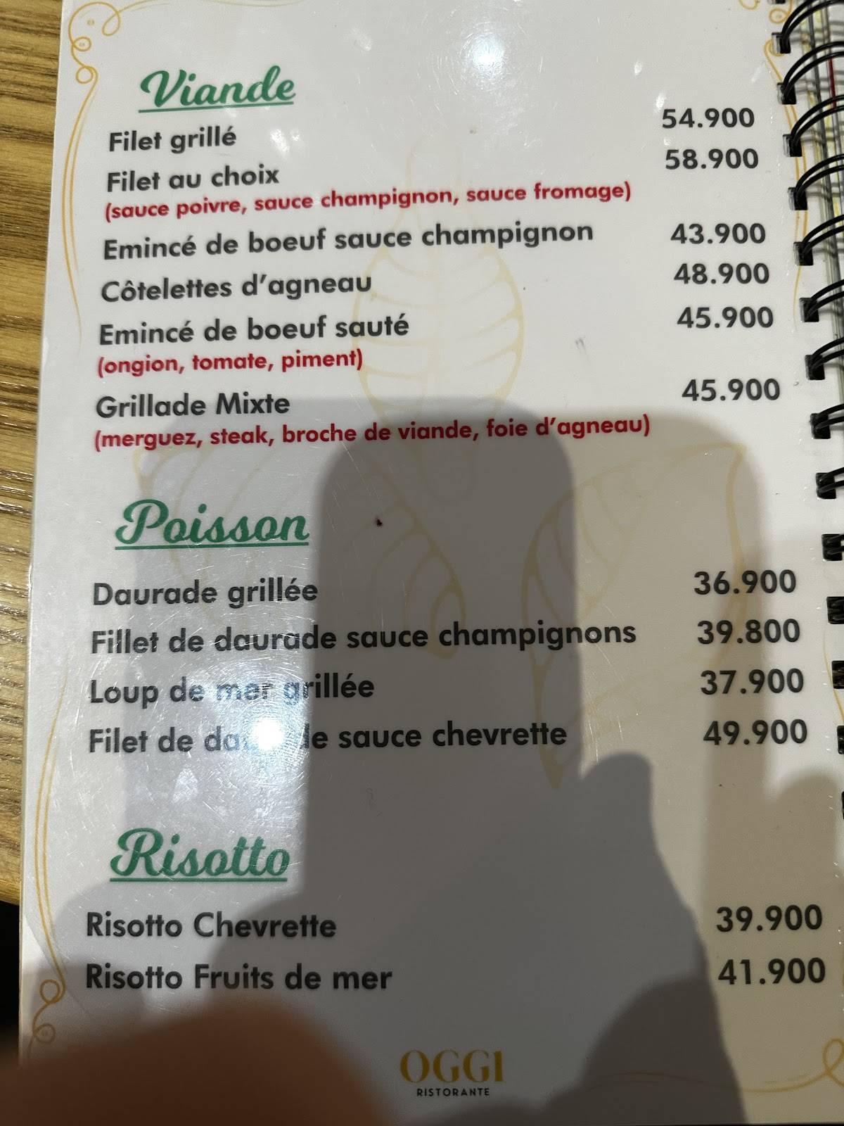 Menu at Oggi Restaurant, Yasmine Hammamet