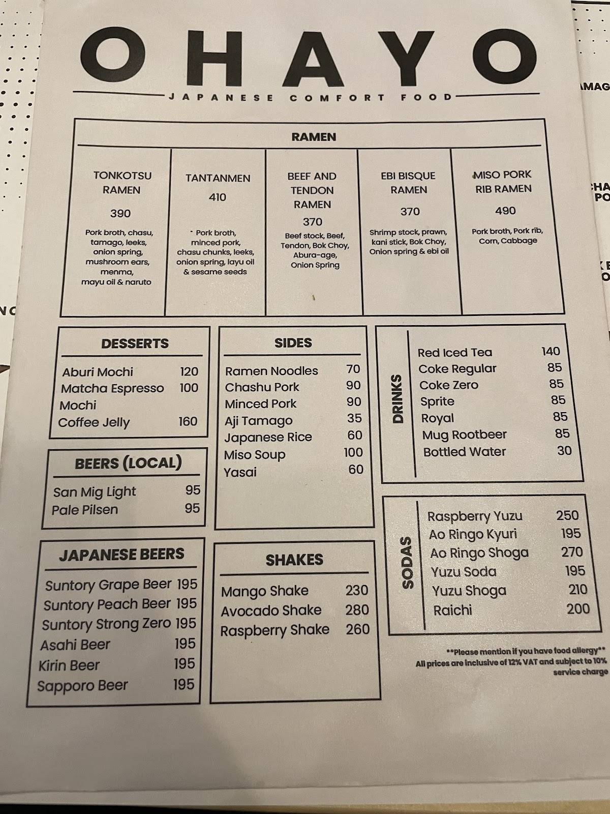 Menu at Ohayo Banawe Japanese Comfort Food restaurant, Quezon City