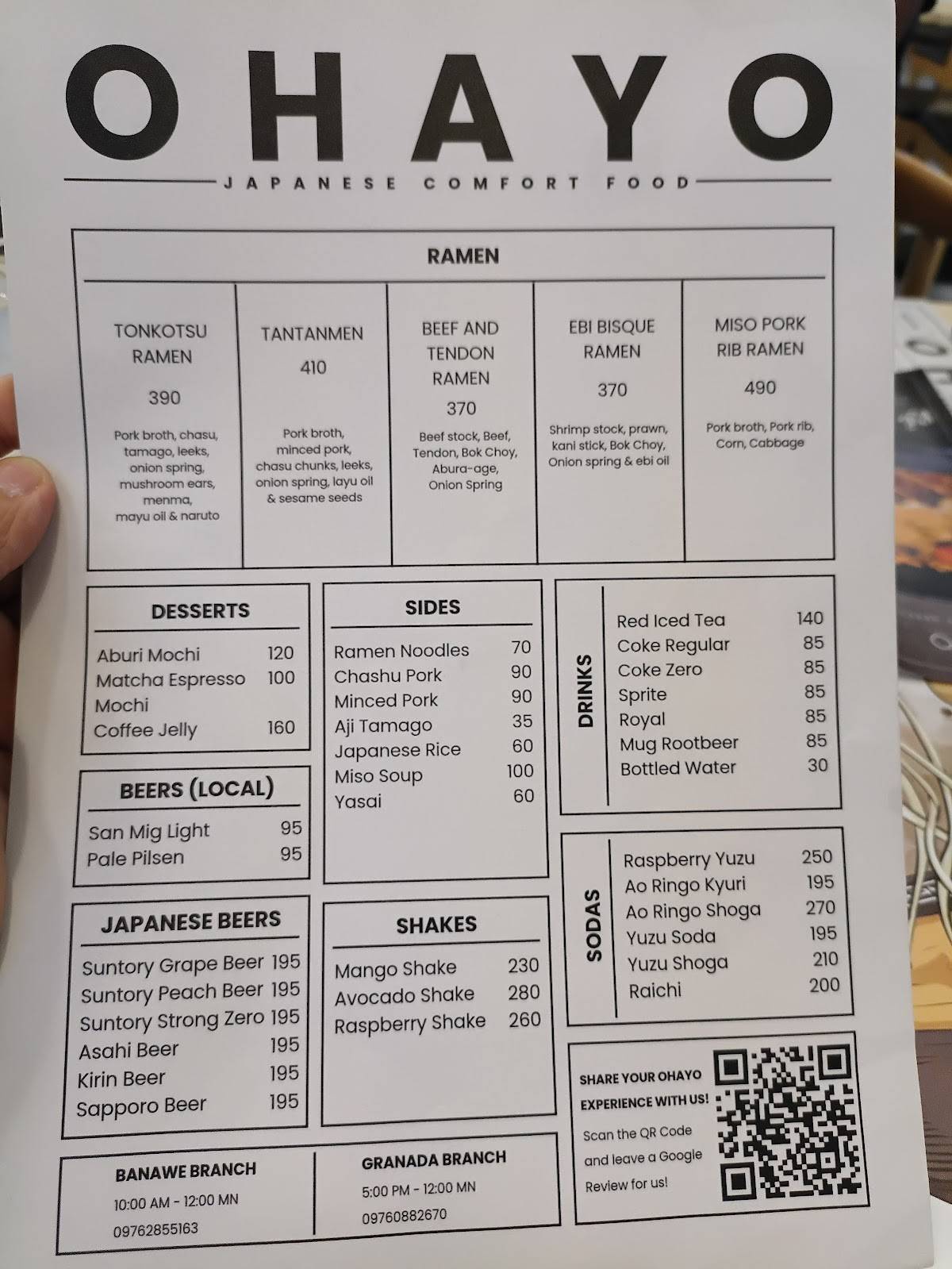 Menu at Ohayo Banawe Japanese Comfort Food restaurant, Quezon City