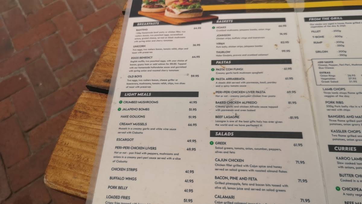 Menu at Old Grey Club, Port Elizabeth