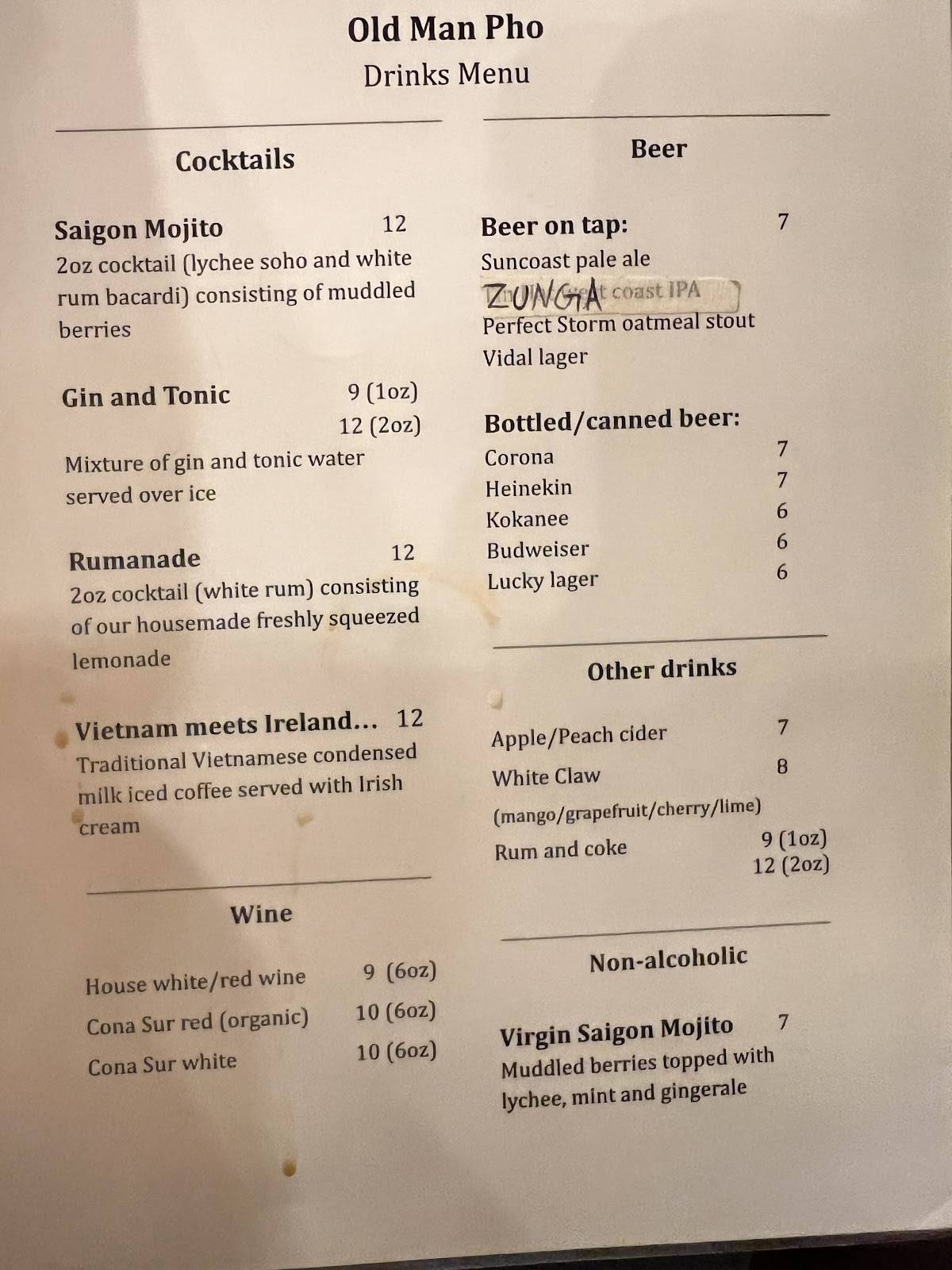 Menu at Old Man Pho restaurant, Powell River, BC-101 B