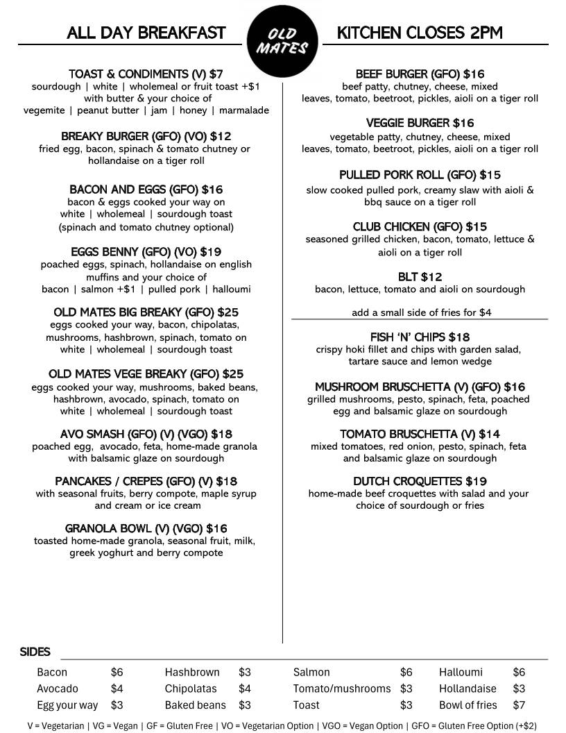 Menu at Old Mates Cafe, Kalamunda