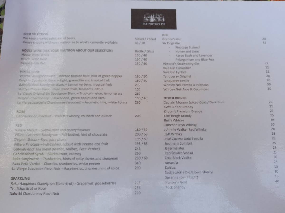 Menu at Old Potter's Inn And Brewhouse pub & bar, Greyton