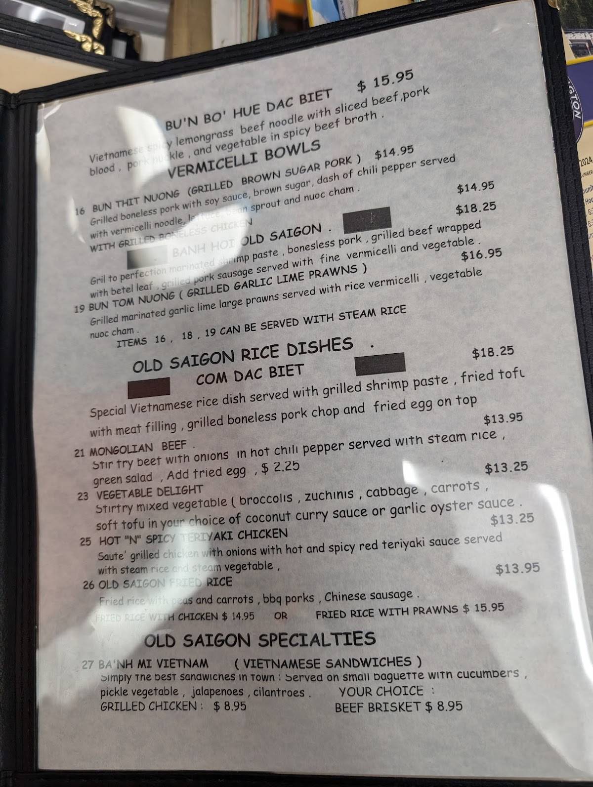 Menu at Old Saigon restaurant, Tukwila
