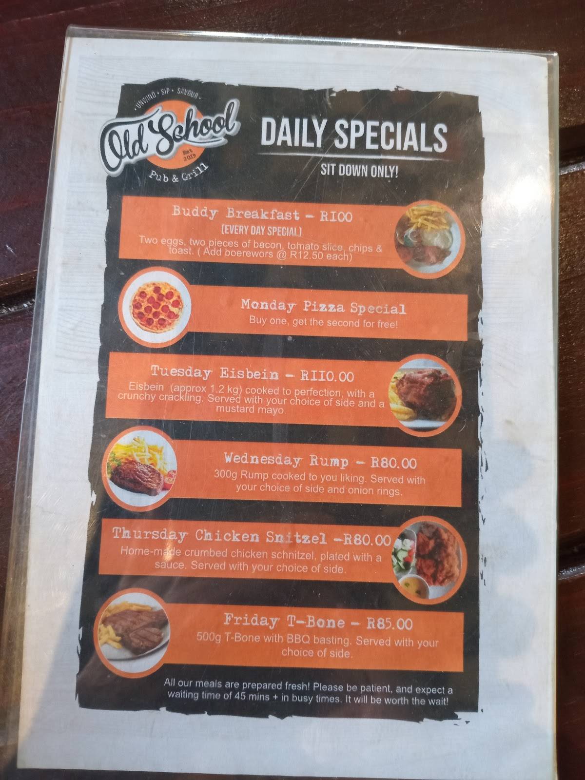 Menu at Old School Pub and Grill, Roodeplaat