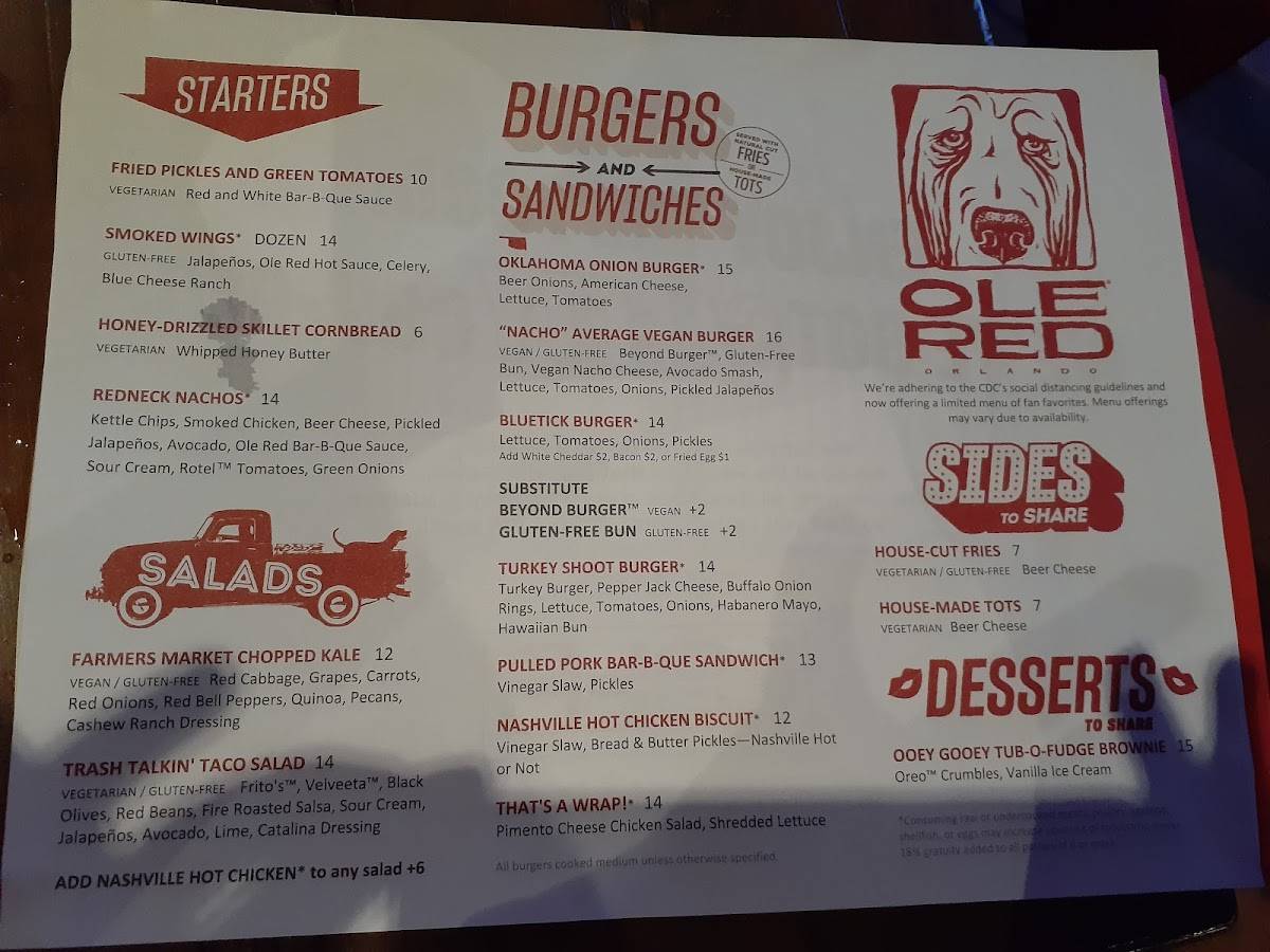 Menu at Ole Red pub & bar, Orlando