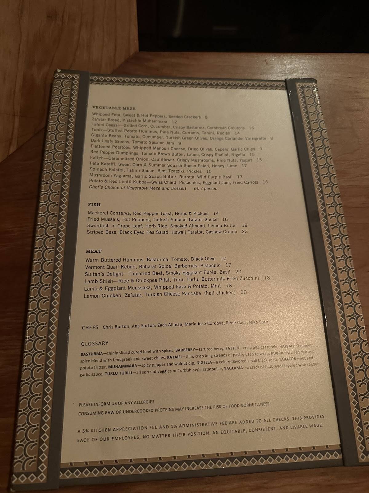 Menu at Oleana restaurant, Cambridge