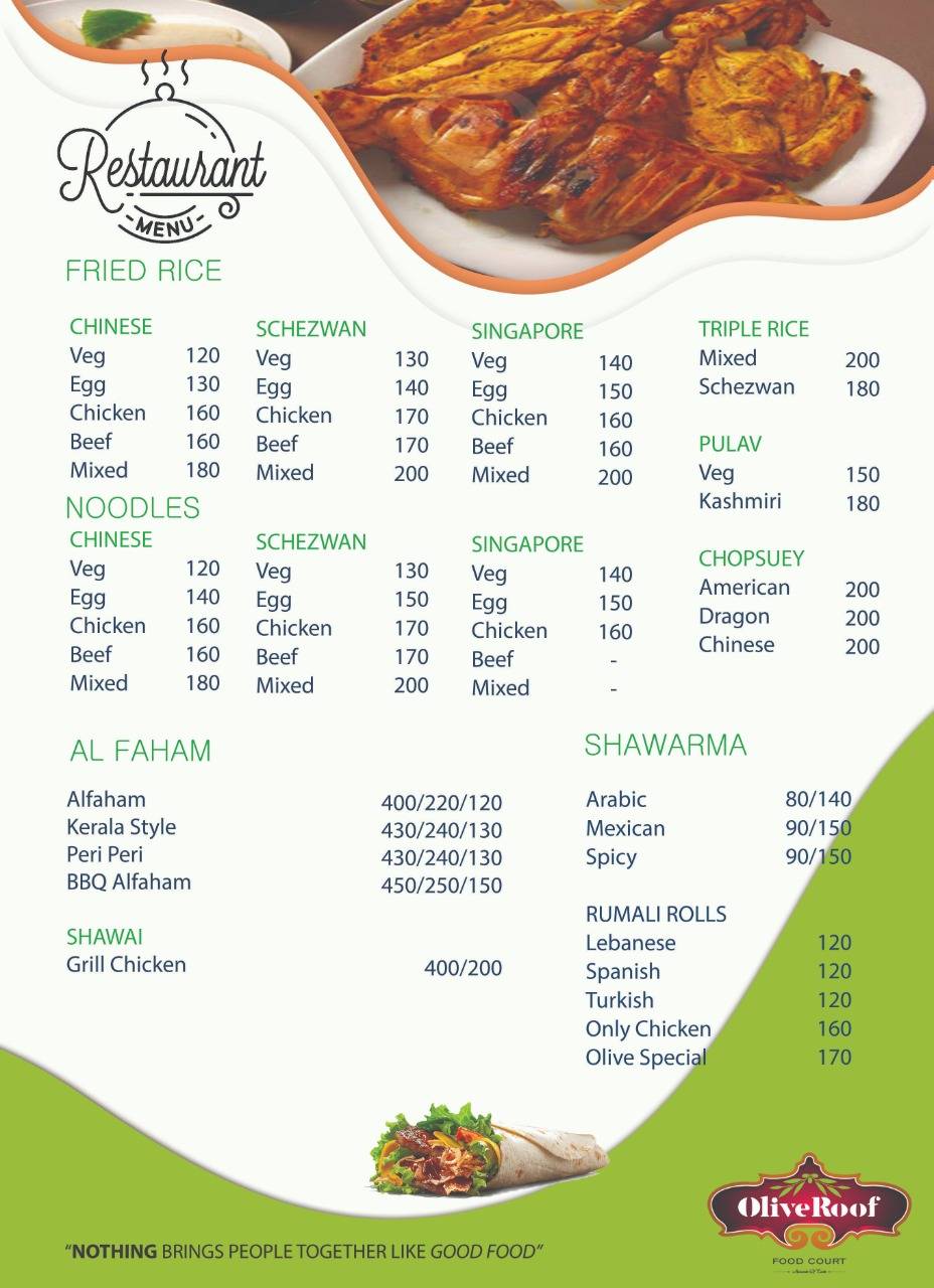 Menu at Olive Roof Food Court, Thrissur