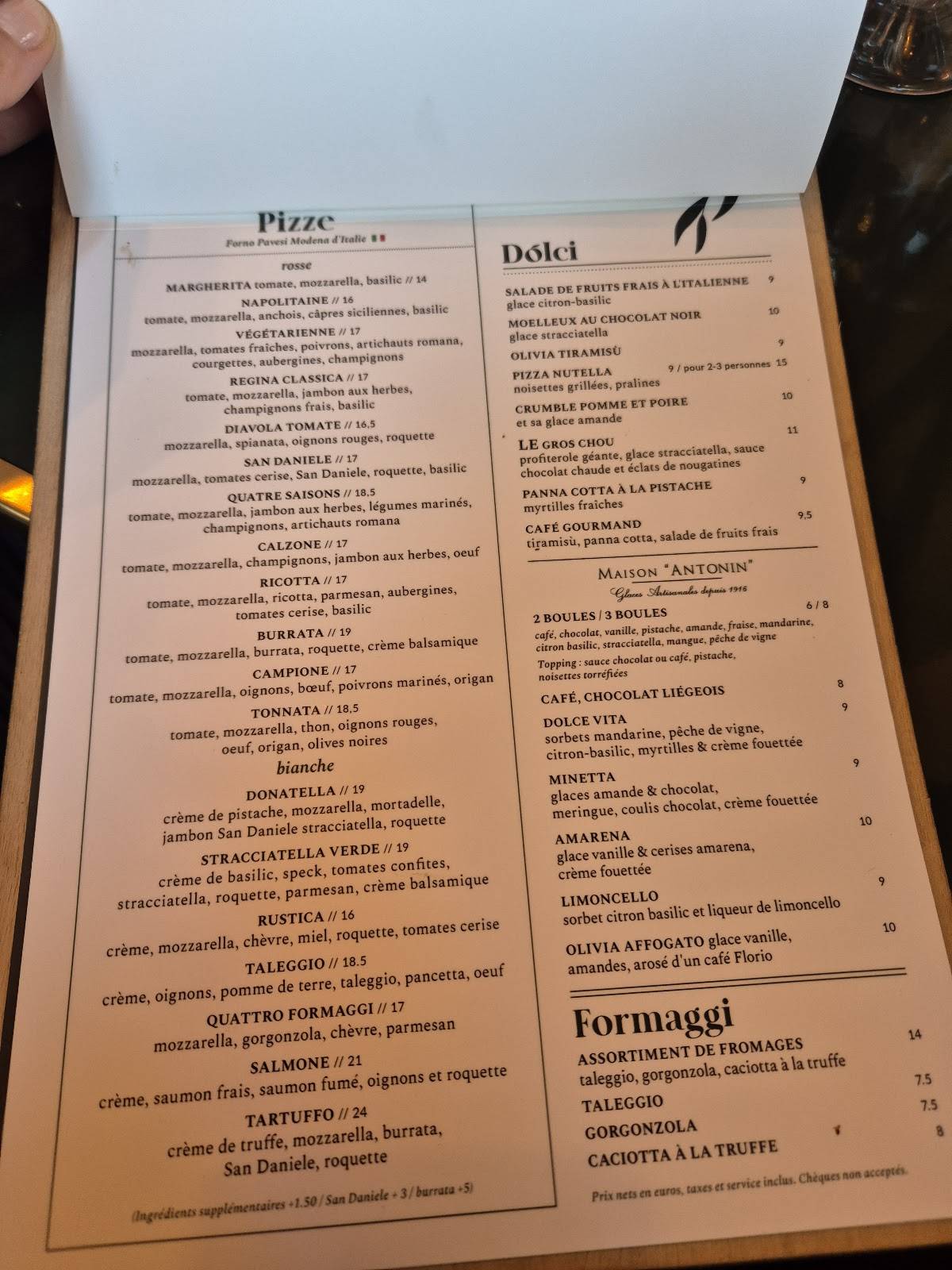 Carta del restaurante Olivia, Paris
