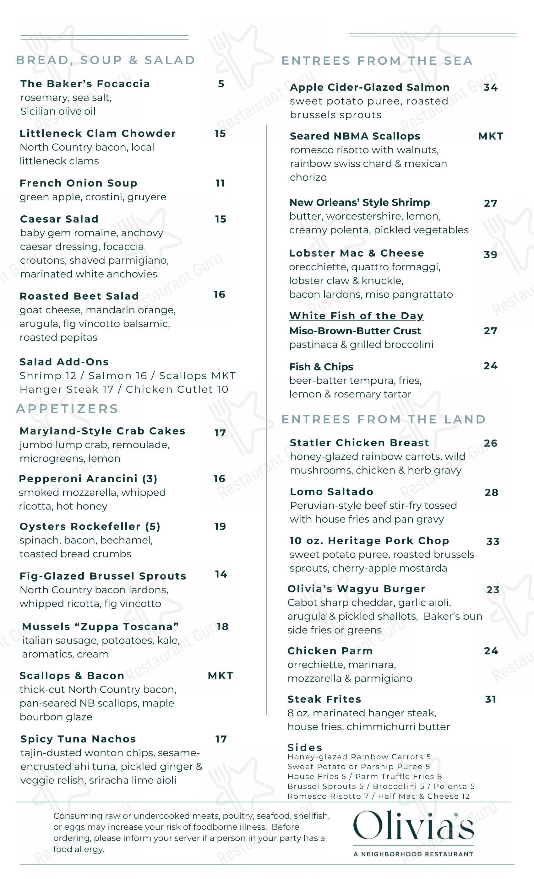 Menu at Olivia's Restaurant - Fairhaven, Fairhaven