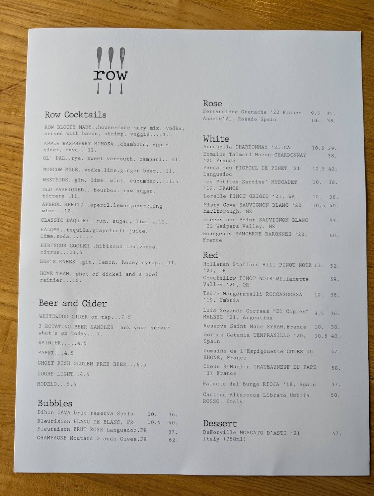 Menu at Row restaurant, Olympia