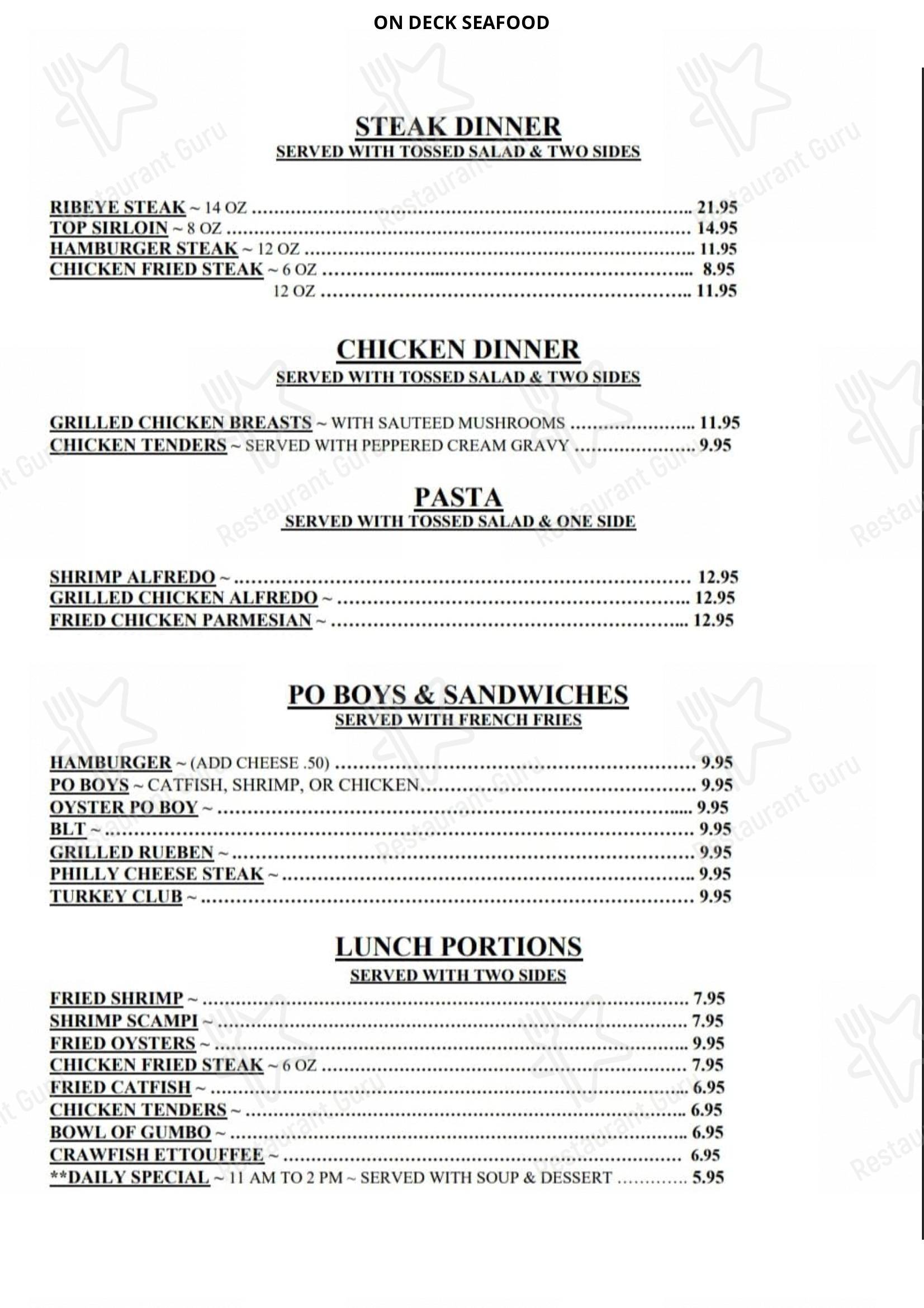 Menu at On Deck Restaurant, Brenham