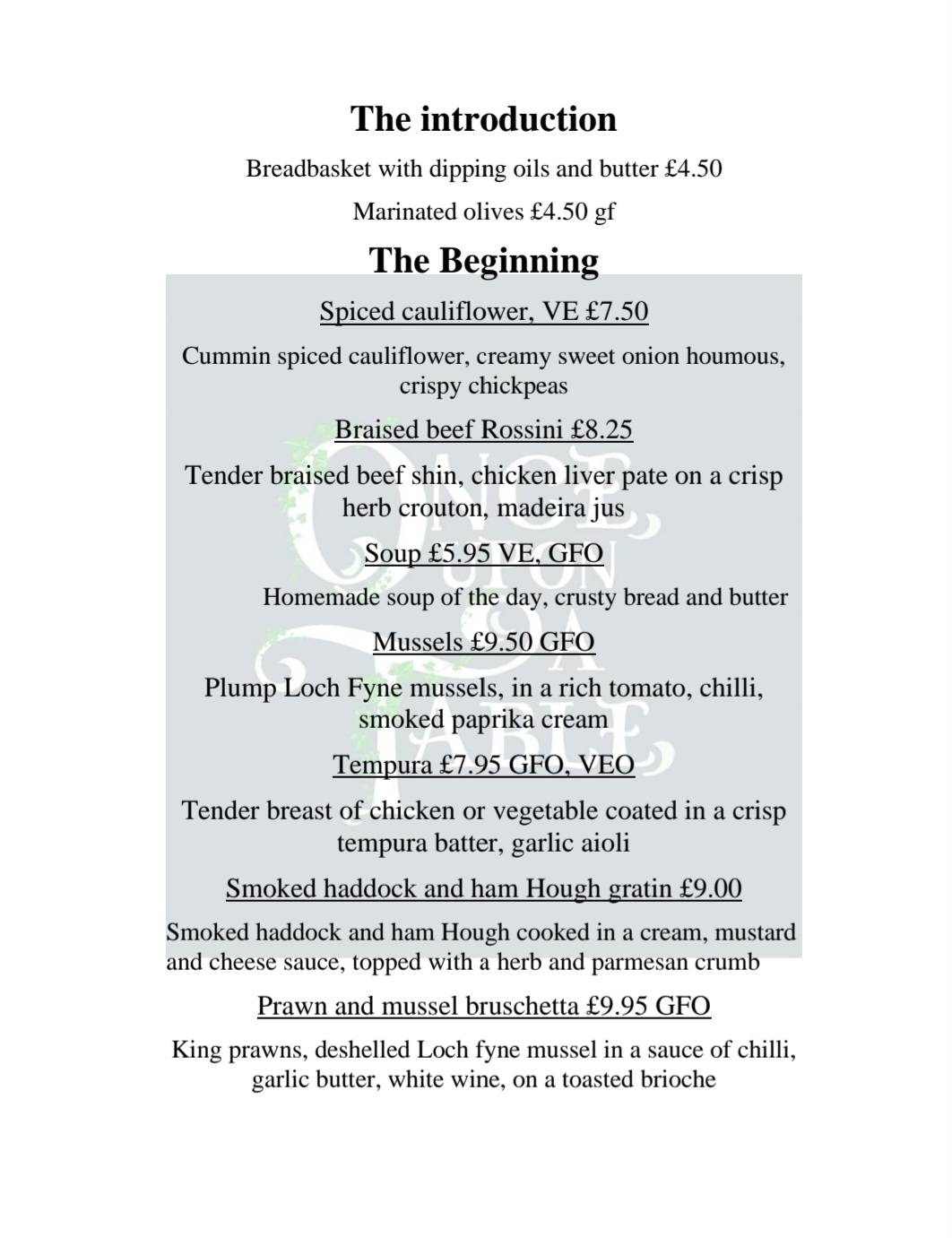 Menu at Once upon a Table restaurant, Glasgow