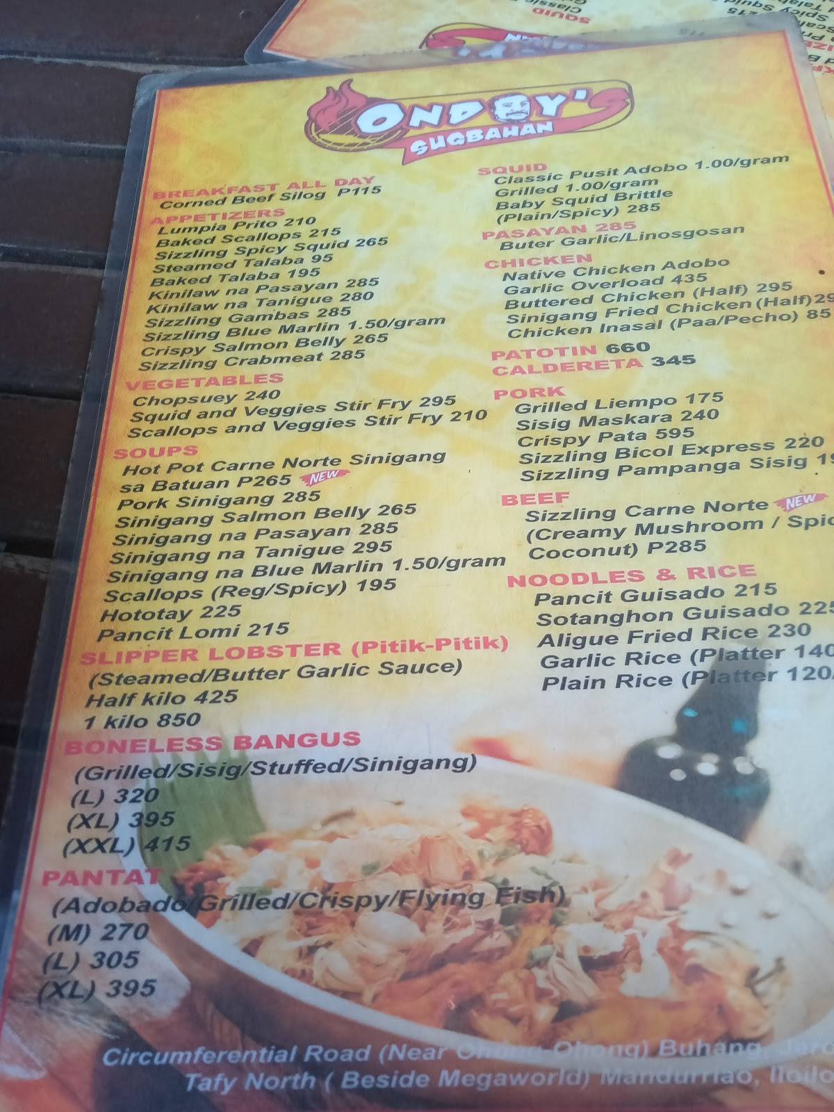 Menu at Ondoy's Sugbahan restaurant, Iloilo City, QH5V+QF4
