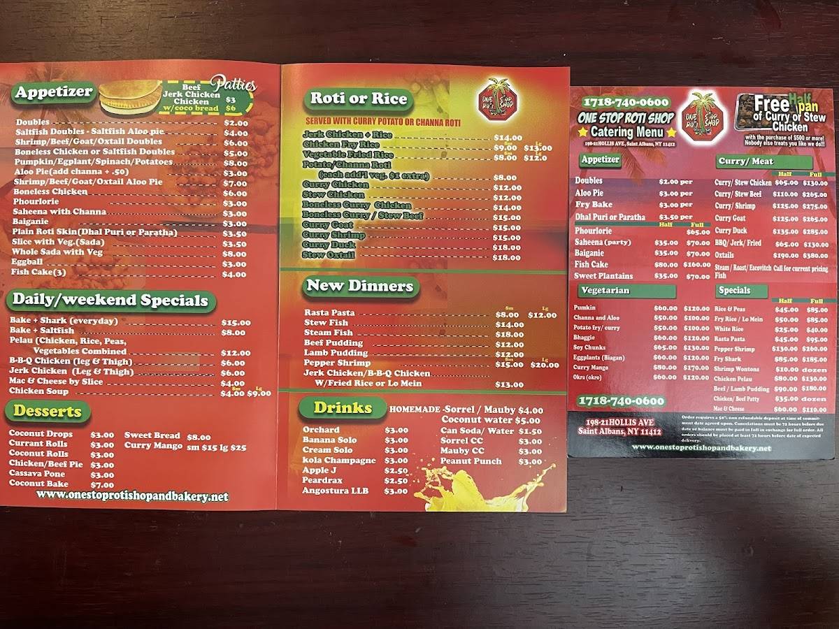 Menu at One Stop Roti Shop and Bakery, New York City, 198-21 Hollis Ave