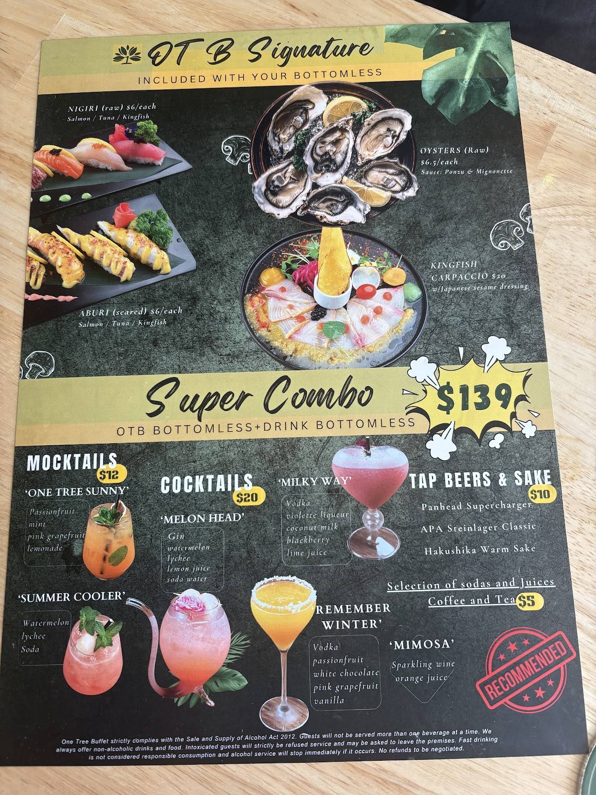 Menu at One Tree Buffet restaurant, Auckland