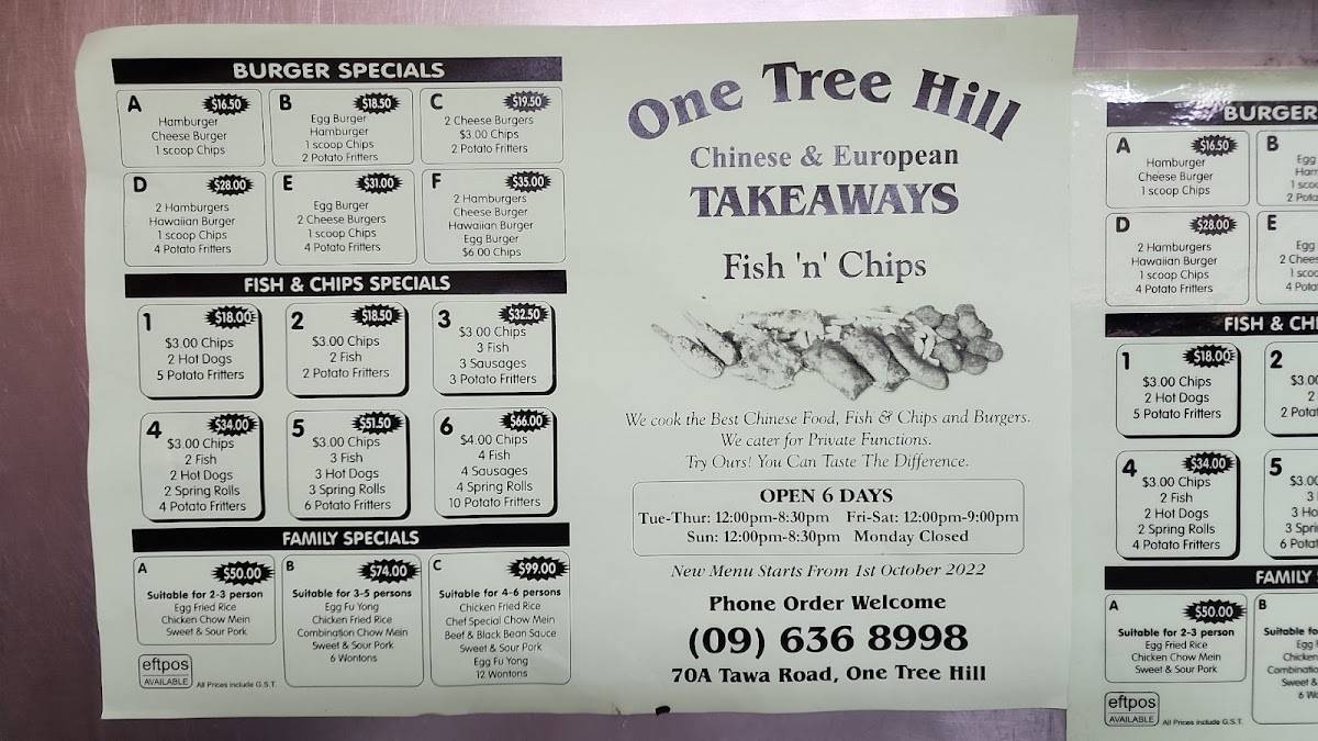 Menu at One Tree Hill Takeaways fast food, Auckland