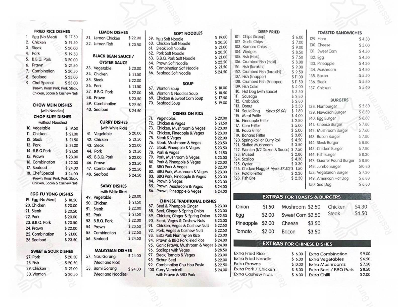 Menu at One Tree Hill Takeaways fast food, Auckland