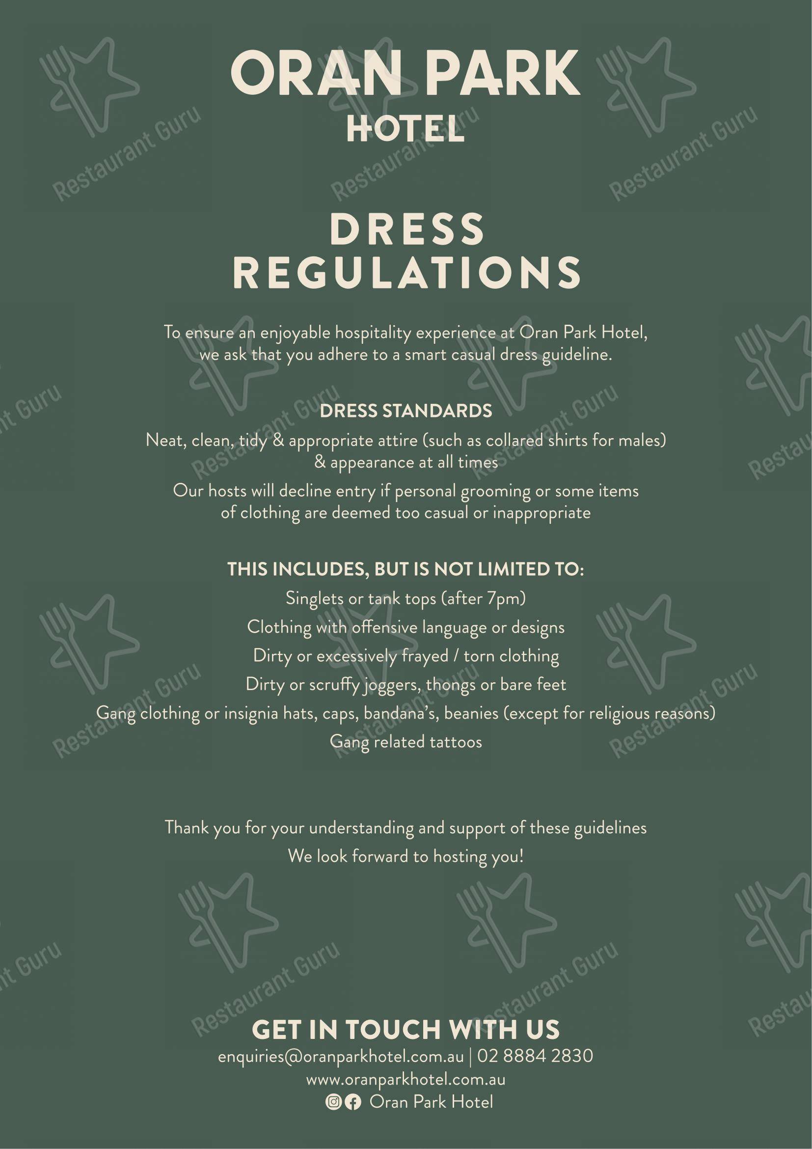 Menu at Oran Park Hotel pub & bar, Oran Park