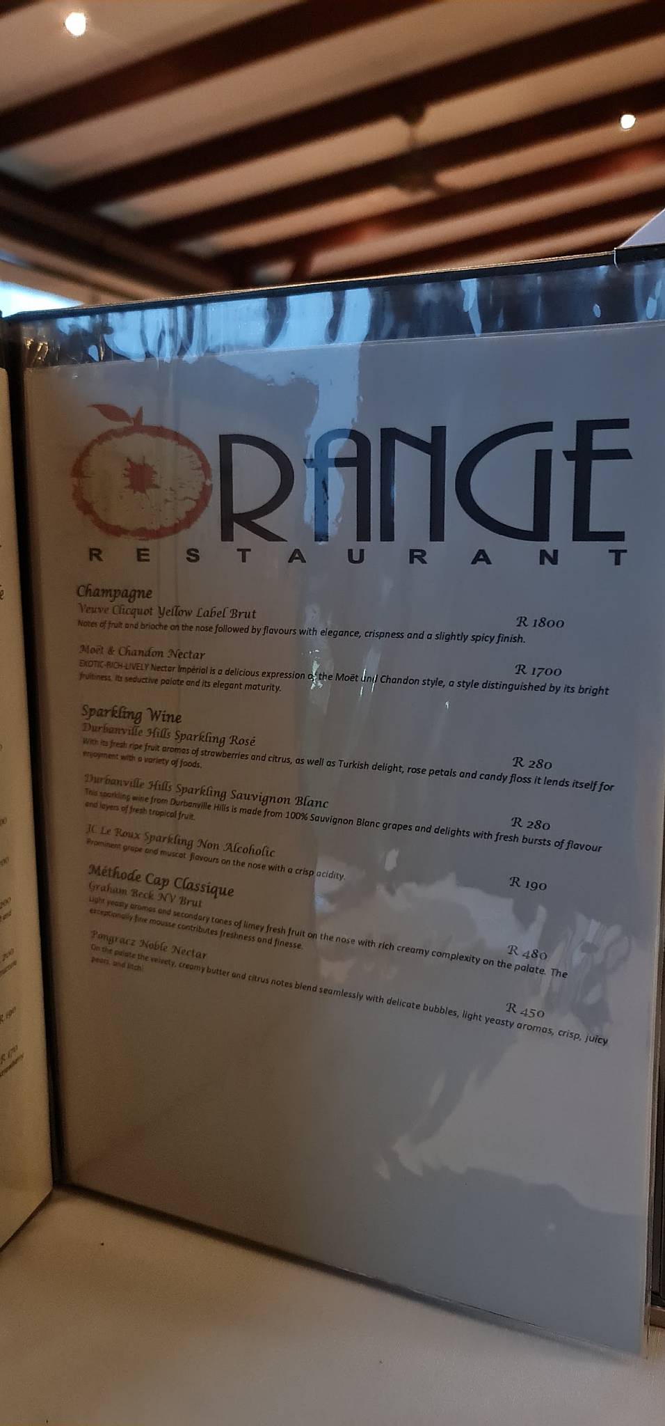 Menu at Orange Restaurant, Nelspruit