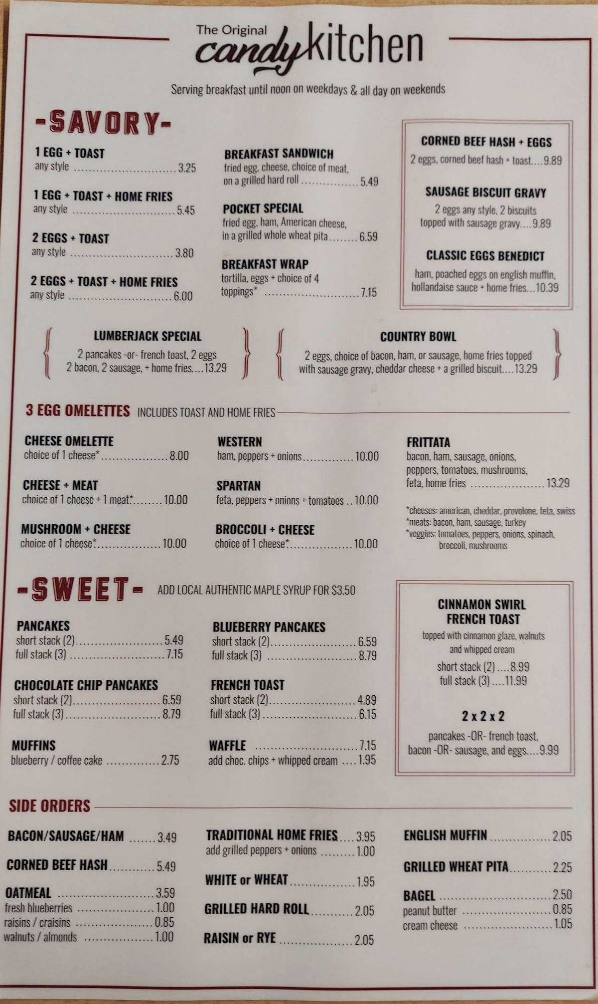 Menu at Original Candy Kitchen restaurant, Williamson