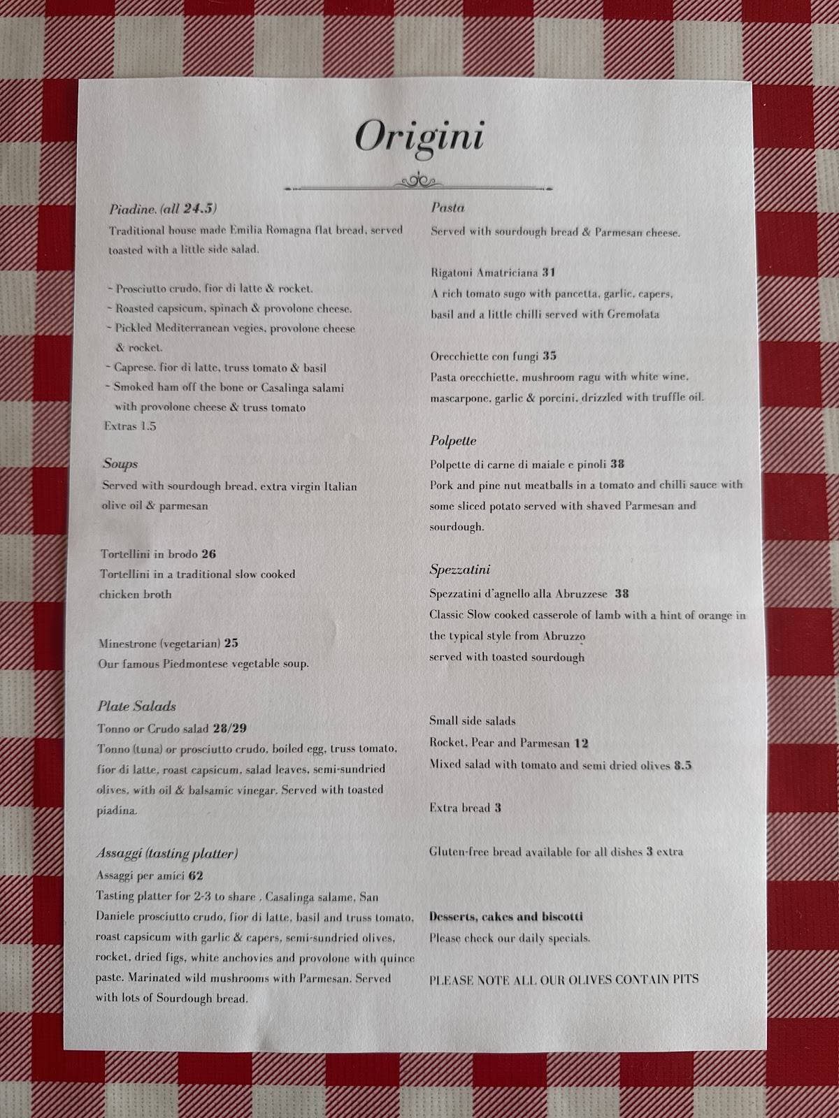 Menu at Origini Cafe, Castlemaine