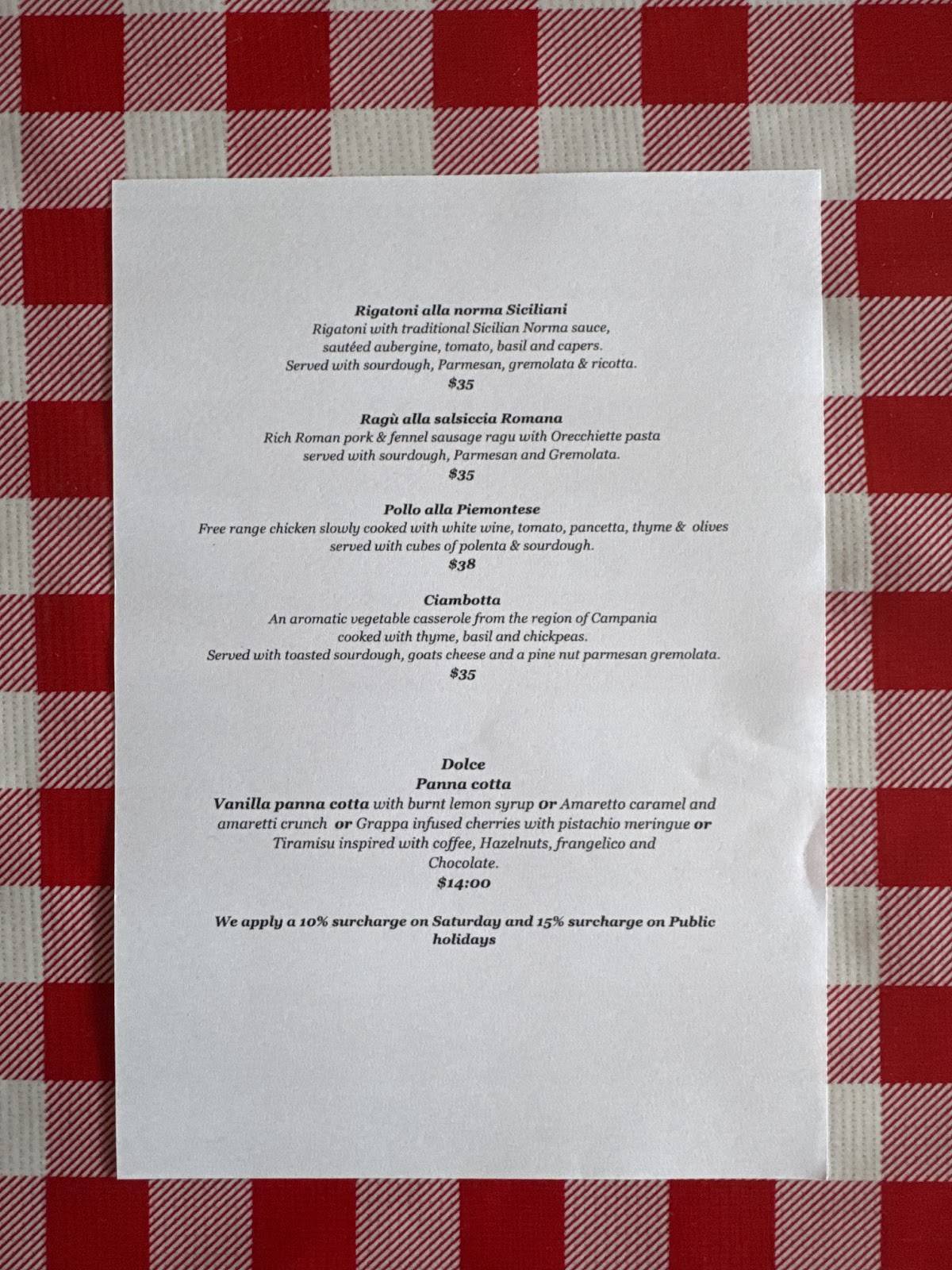 Menu at Origini Cafe, Castlemaine
