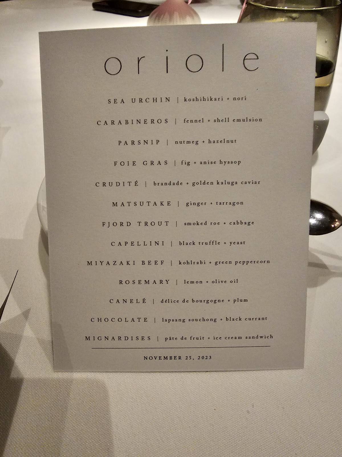 Menu at Oriole restaurant, Chicago