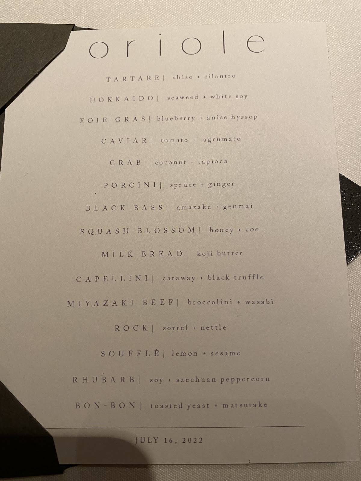 Menu at Oriole restaurant, Chicago