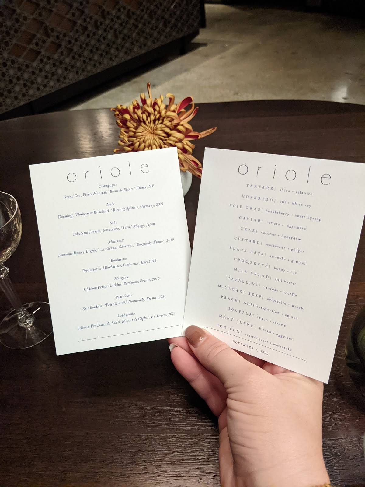 Menu at Oriole restaurant, Chicago