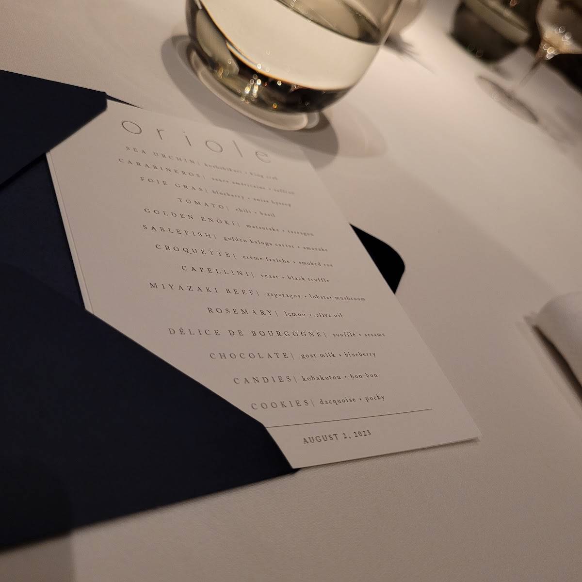 Menu at Oriole restaurant, Chicago