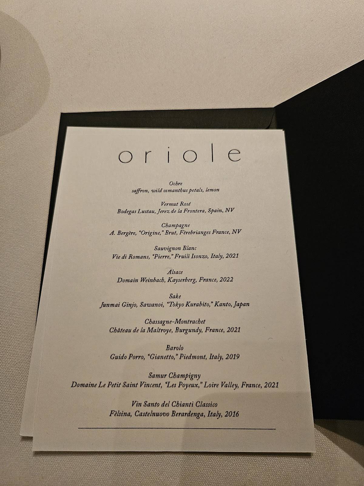Menu at Oriole restaurant, Chicago