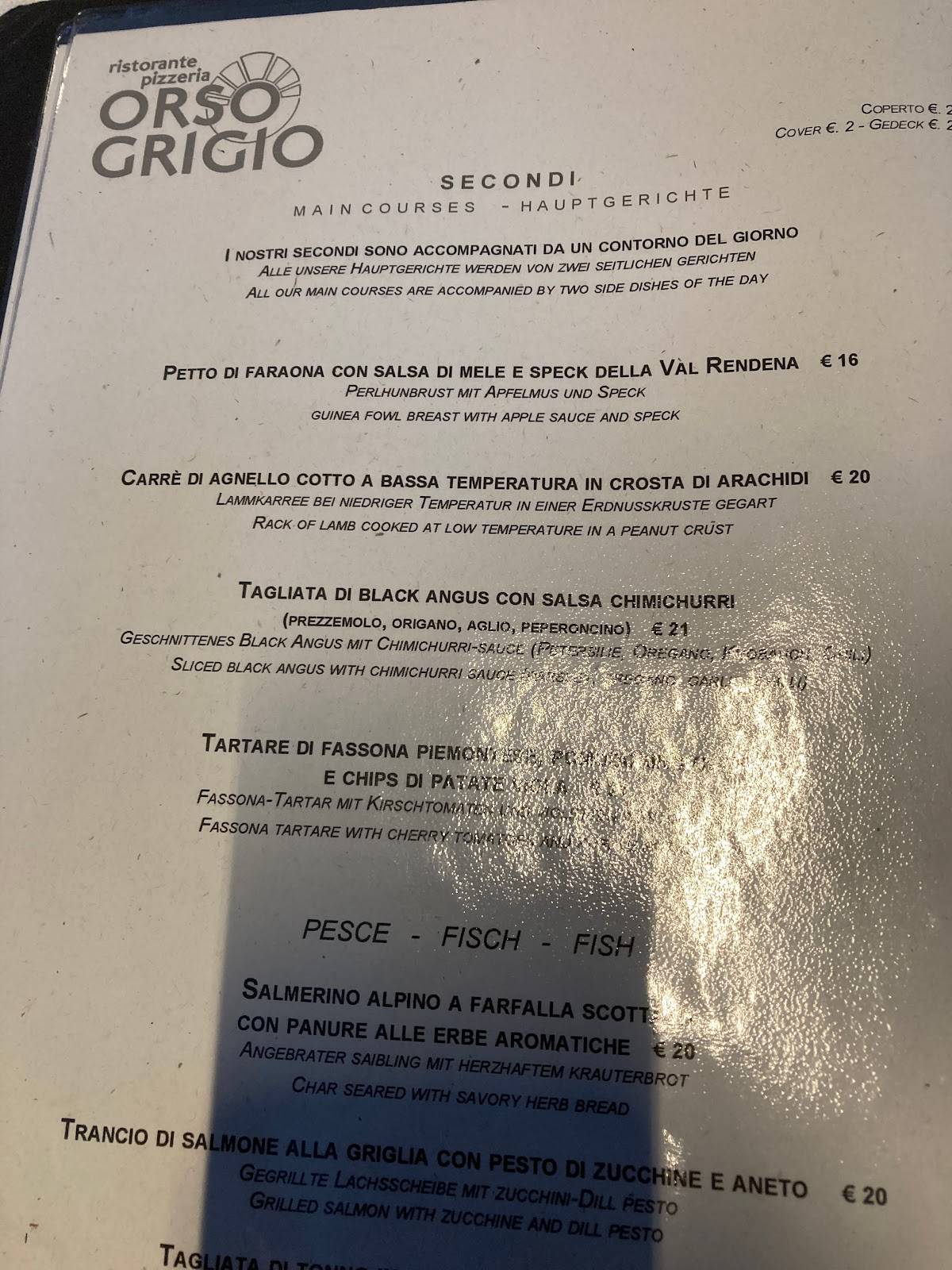 Carta de pizzería Orso Grigio, Trento