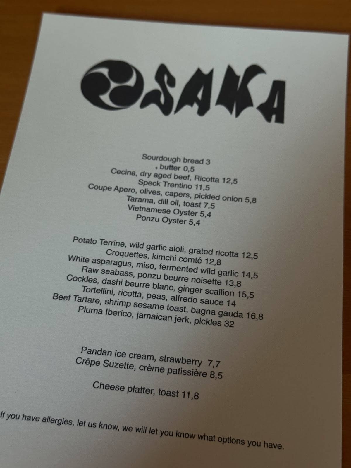 Menu at Osaka, Antwerp