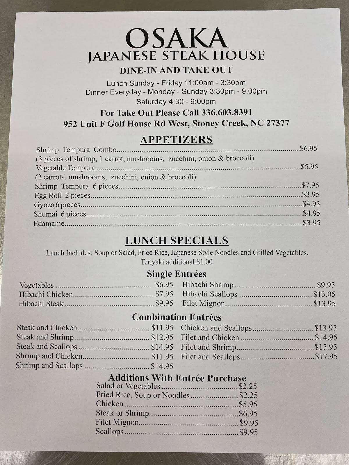 Menu at Osaka Japanese Steak House steakhouse, Whitsett