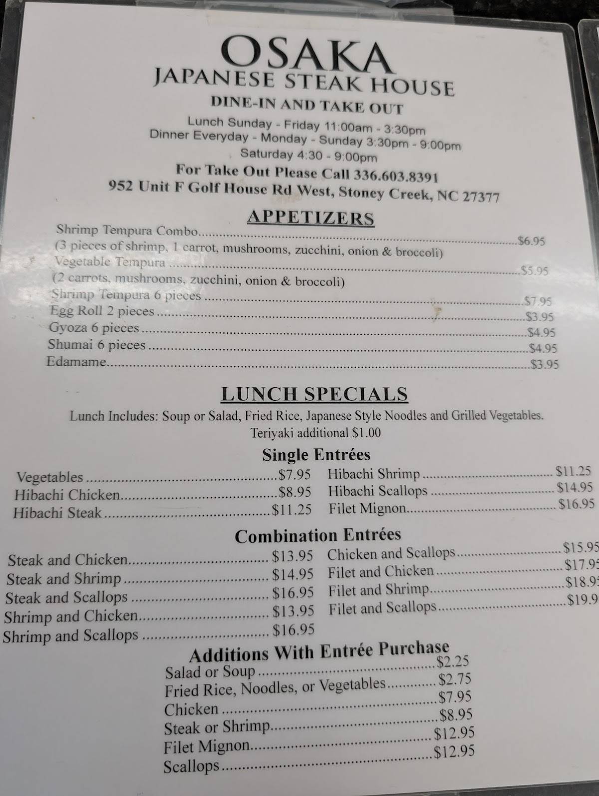 Menu at Osaka Japanese Steak House steakhouse, Whitsett
