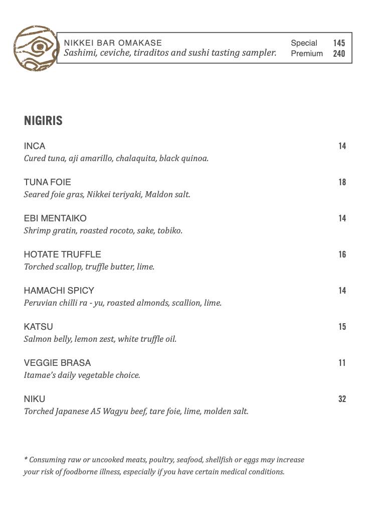 Menu at Osaka Miami restaurant, Miami
