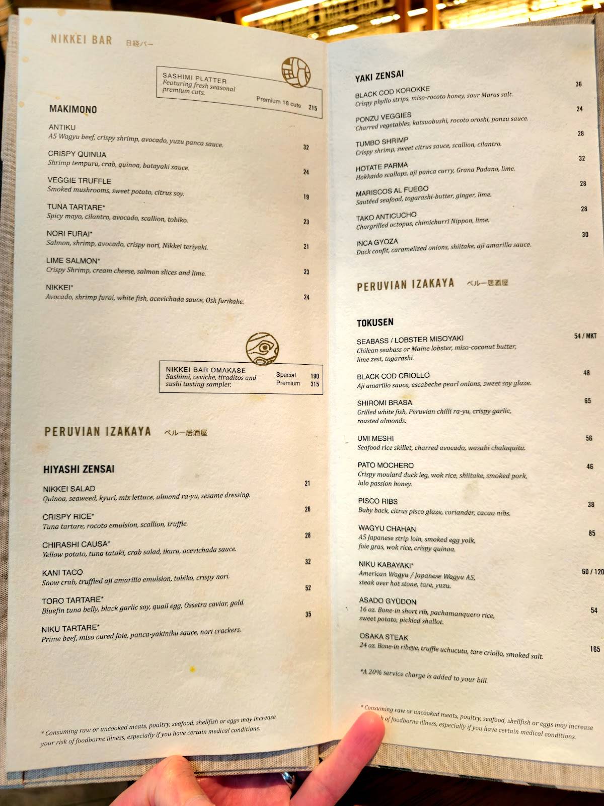 Menu at Osaka Miami restaurant, Miami