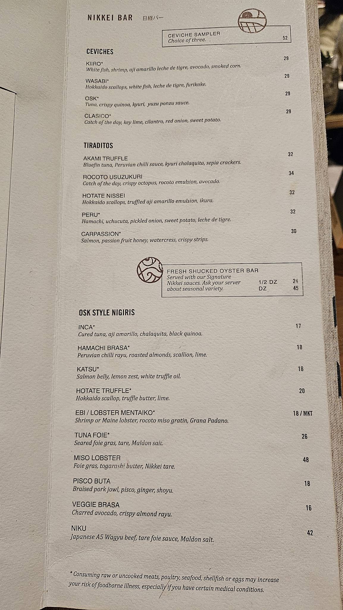 Menu at Osaka Miami restaurant, Miami