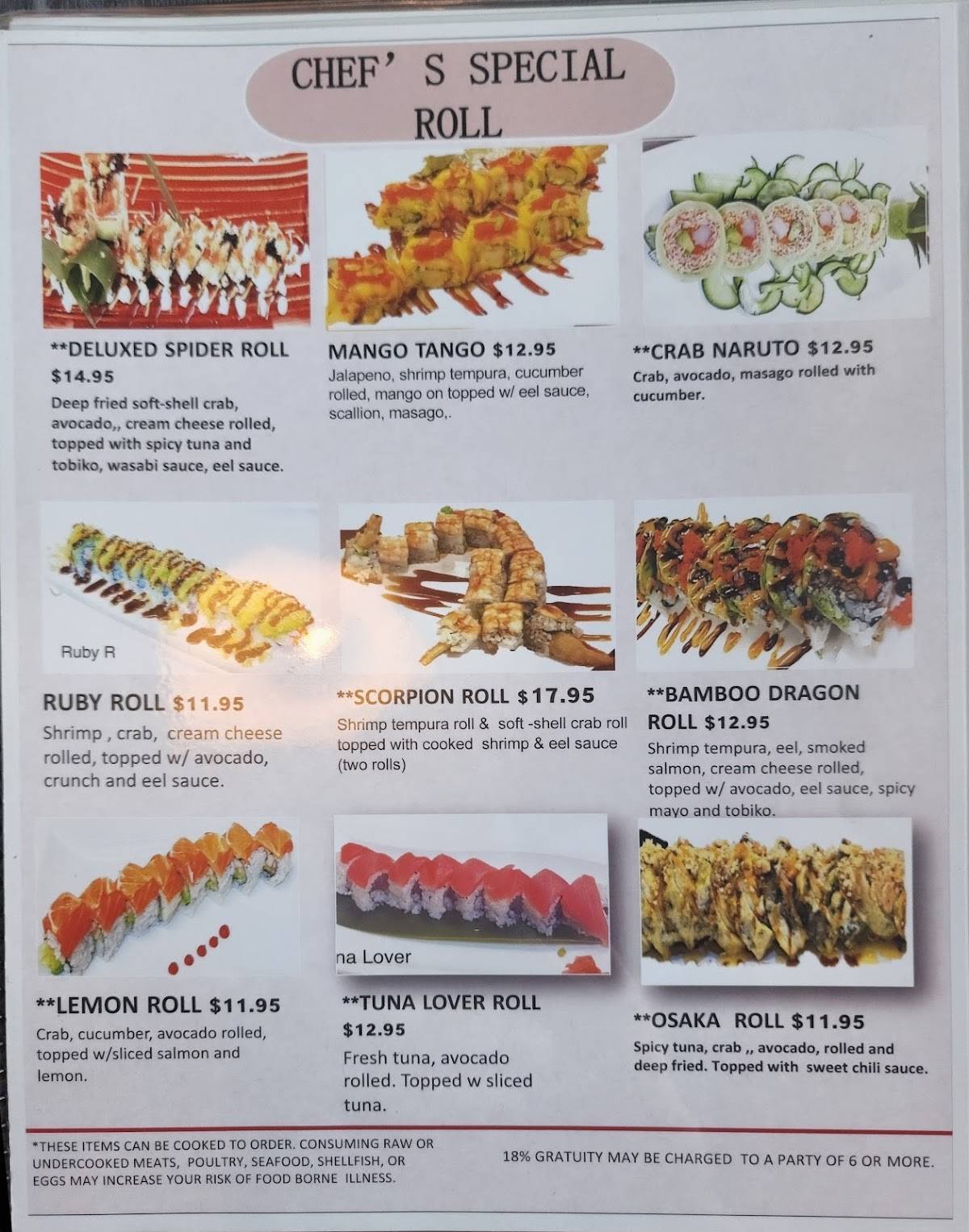 Menu at Osaka Sushi & Steakhouse, Gaffney, Gaffney