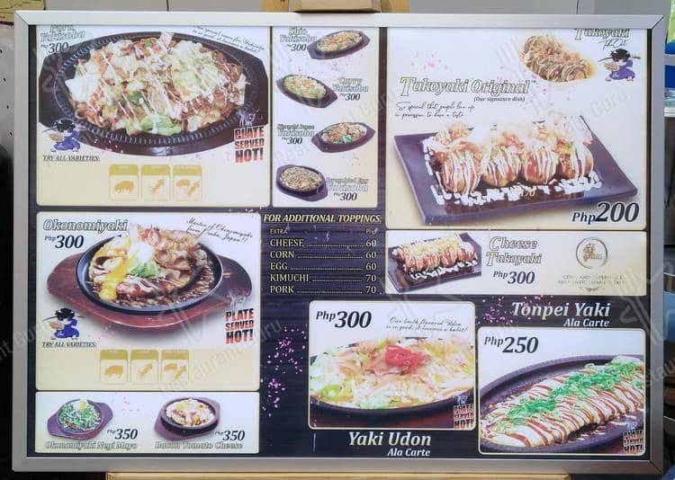 Menu at Osaka Takoyaki, Muntinlupa