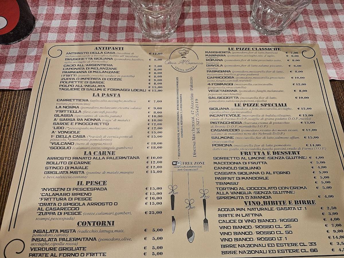 Menu au Osteria Al Casareccio restaurant, Palerme