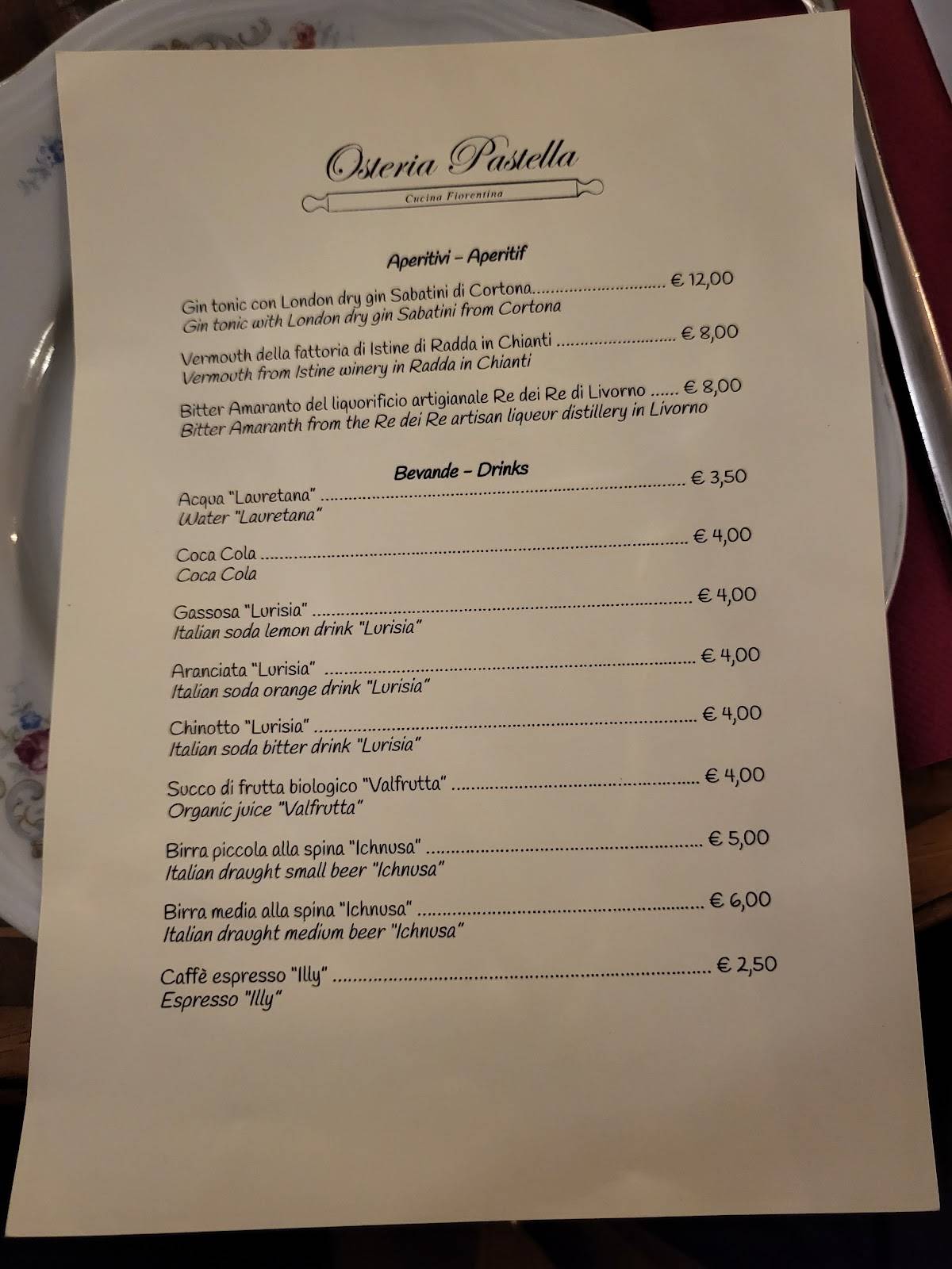 Menu at Osteria Pastella restaurant, Florence