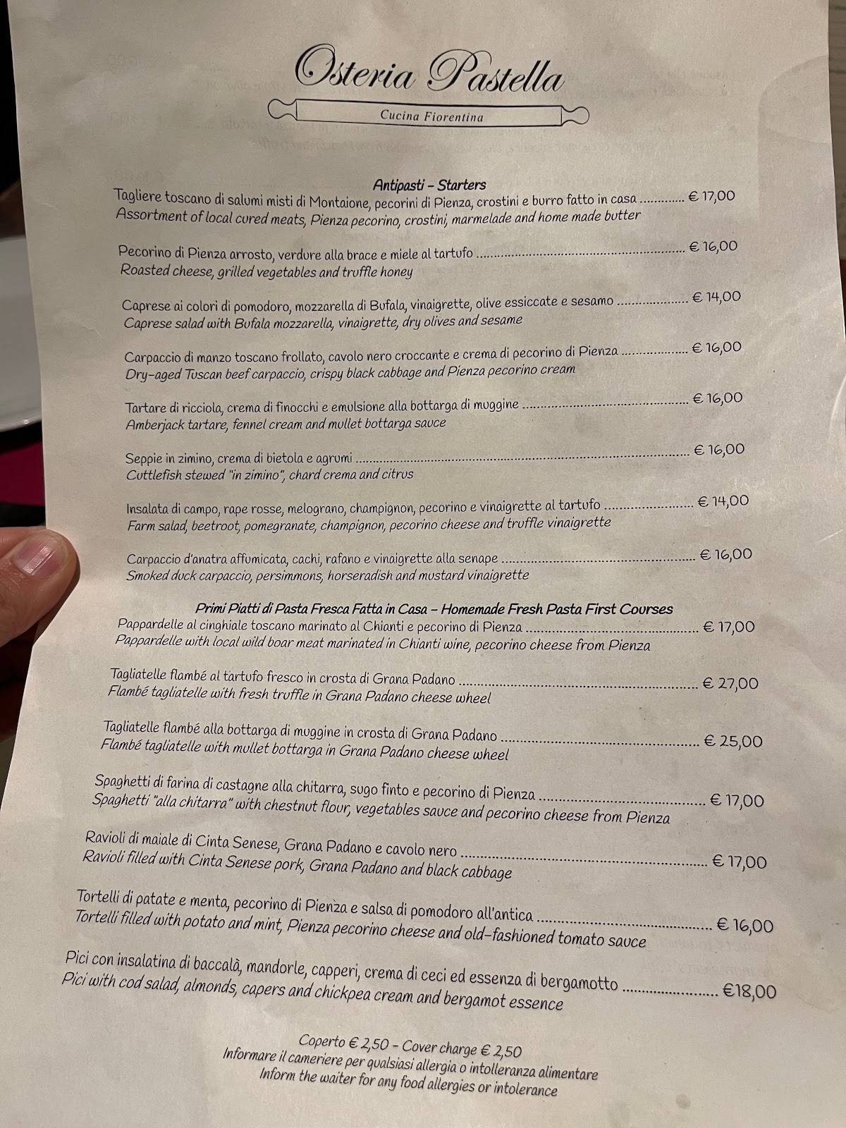 Menu at Osteria Pastella restaurant, Florence