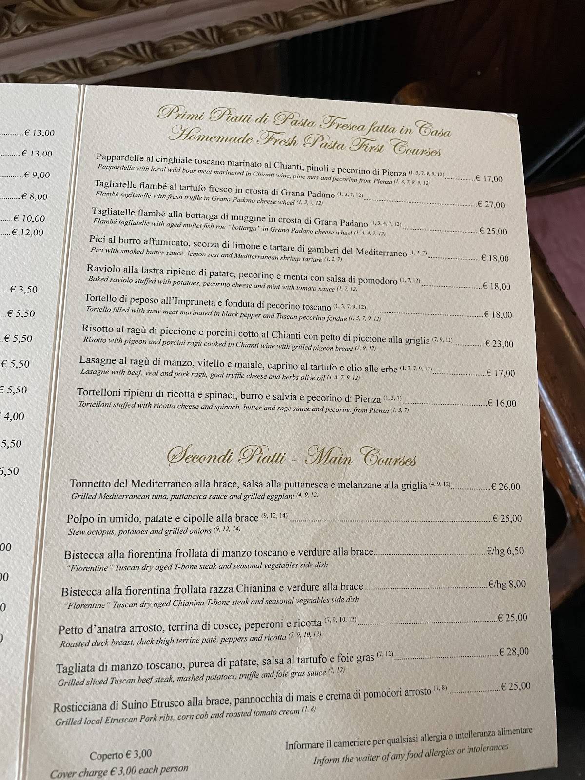 Menu at Osteria Pastella restaurant, Florence
