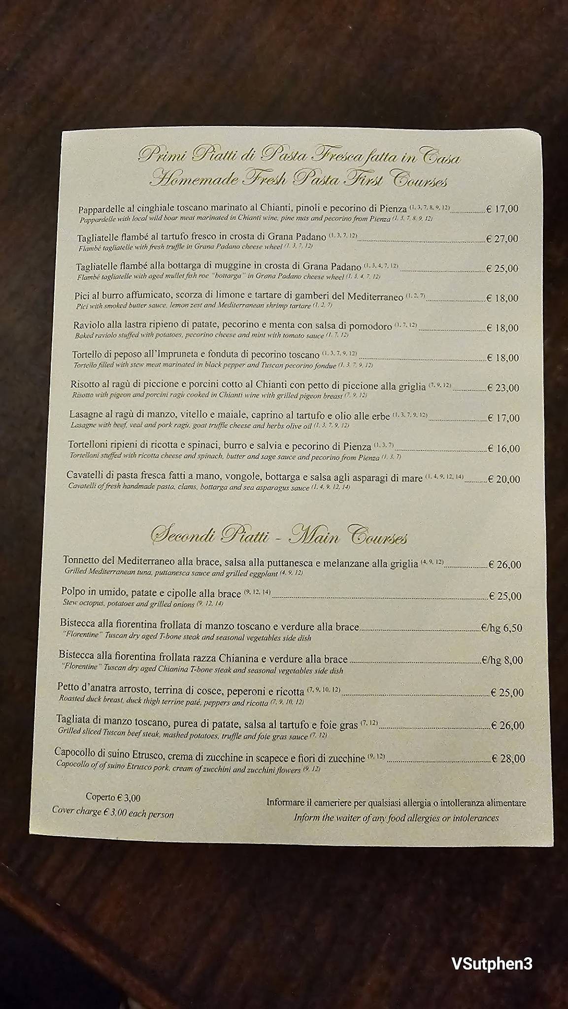 Menu at Osteria Pastella restaurant, Florence