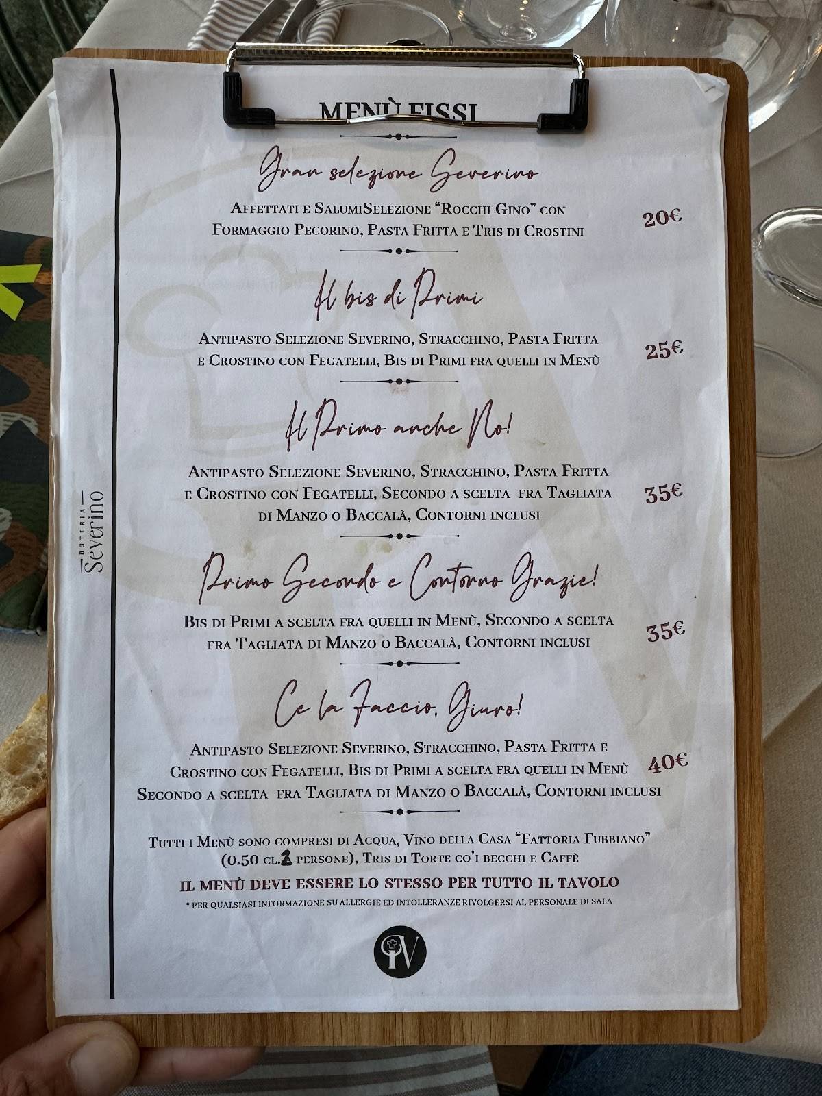 Menu at Osteria Severino restaurant, Matraia